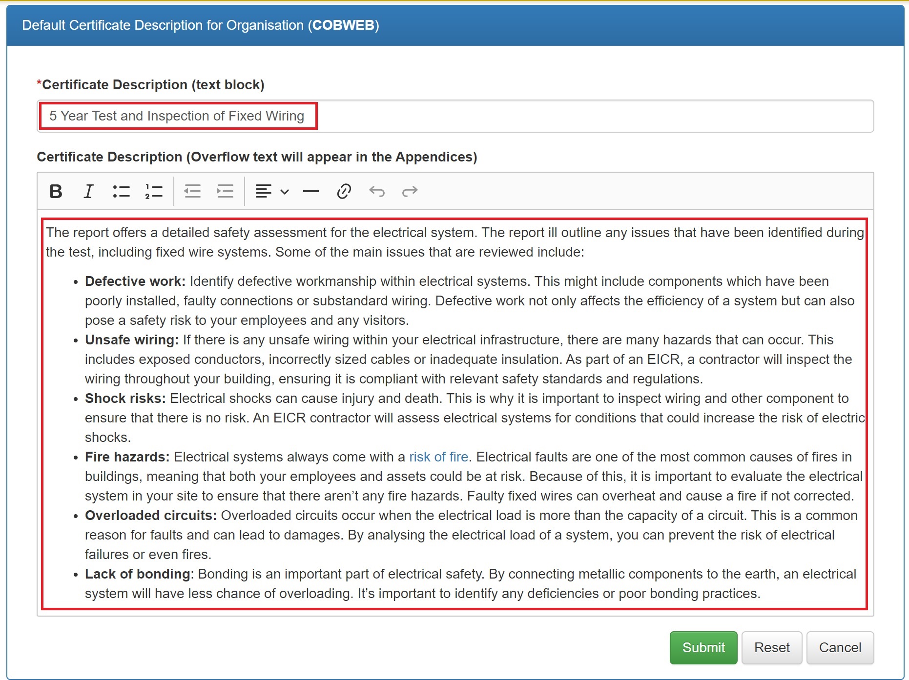 Add And Edit Default Text For Condition Reports Using Organisation Settings Edis
